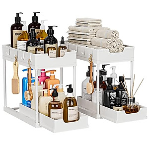 YFXCVSL 2-PACK Pull-Out Under Sink Organizer Double Sliding, 2 Tiers Under Bathroom Cabinet Organization, Kitchen Storage Shelf with Hooks, Sink Organizer, 14.41 “(H) * 8.7 “(W) * 15.6“(L), White