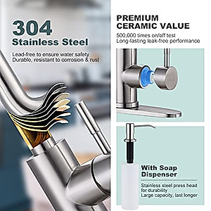 WOWOW Kitchen Sink Faucet with Soap Dispenser, Stainless Steel Pull Down Kitchen Faucet Brushed Nickel Utility Sink Faucet Single Handle High Arc Kitchen Tap for Sink, RV, Laundry, Bar