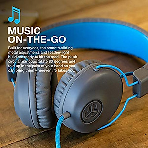 JLab Studio On-Ear Headphones | Wired Headphones | Tangle Free Cord | Ultra-Plush Faux Leather with Cloud Foam Cushions | 40mm Neodymium Drivers with C3 Sound | Gray/Blue