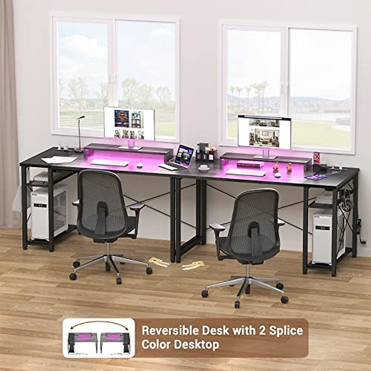 armocity Computer Desk with LED Lights, Gaming Desk with Power Outlet and USB, 40 Reversible Laptop Table with Moveable Monitor Stand, Small Desk for Small Spaces, Office, Gaming Room, Grey and Black