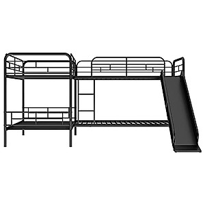 YuiHome L-Shaped Bunk Beds with Slide and Ladder, Metal Quad Bunk Beds, 4 in 1 Twin Size Bunk Bed for Kids, Teens, Adults,Black