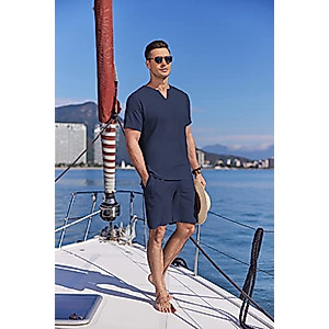 COOFANDY Men's 2 Pieces Short Sets Cotton Henley Shirts Short Sleeve Casual Beach Shorts Summer Yoga Outfits