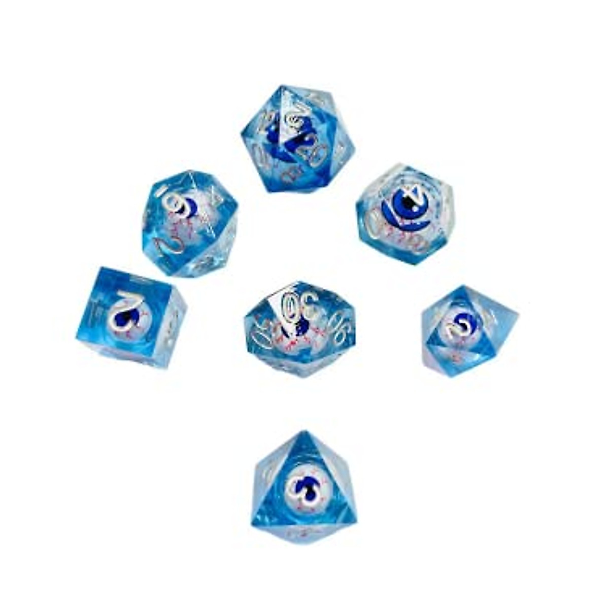DND Eyeball Dice-Set Sharp Edges - IDTQ Dungeons and Dragons Polyhedral Blue Bloodshot Translucent Dice Set RPG MTG Table Games D4 D6 D8 D10 D12 D20 (Blue Eye)