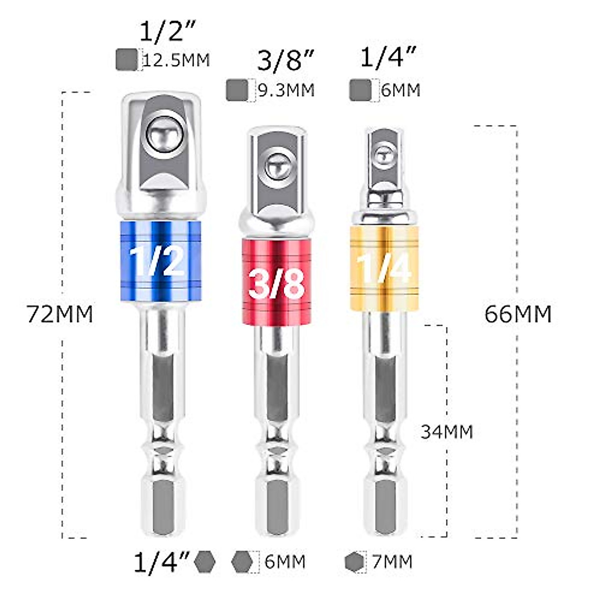 MAEXUS Impact Grade Socket Adapter Extension Set, Turns Power Drill Into High-Speed Nut Driver, 1/4" 3/8" 1/2" Drive, Socket to Drill Adapter for Impact Drivers (3 Pcs)