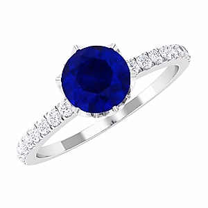 Rosec Jewels Certified Natural Blue Sapphire Solitaire Ring with HI-SI Diamond, 5 MM Round, AAA Quality, September Birthstone Ring, 14K White Gold, Size:US 8.00