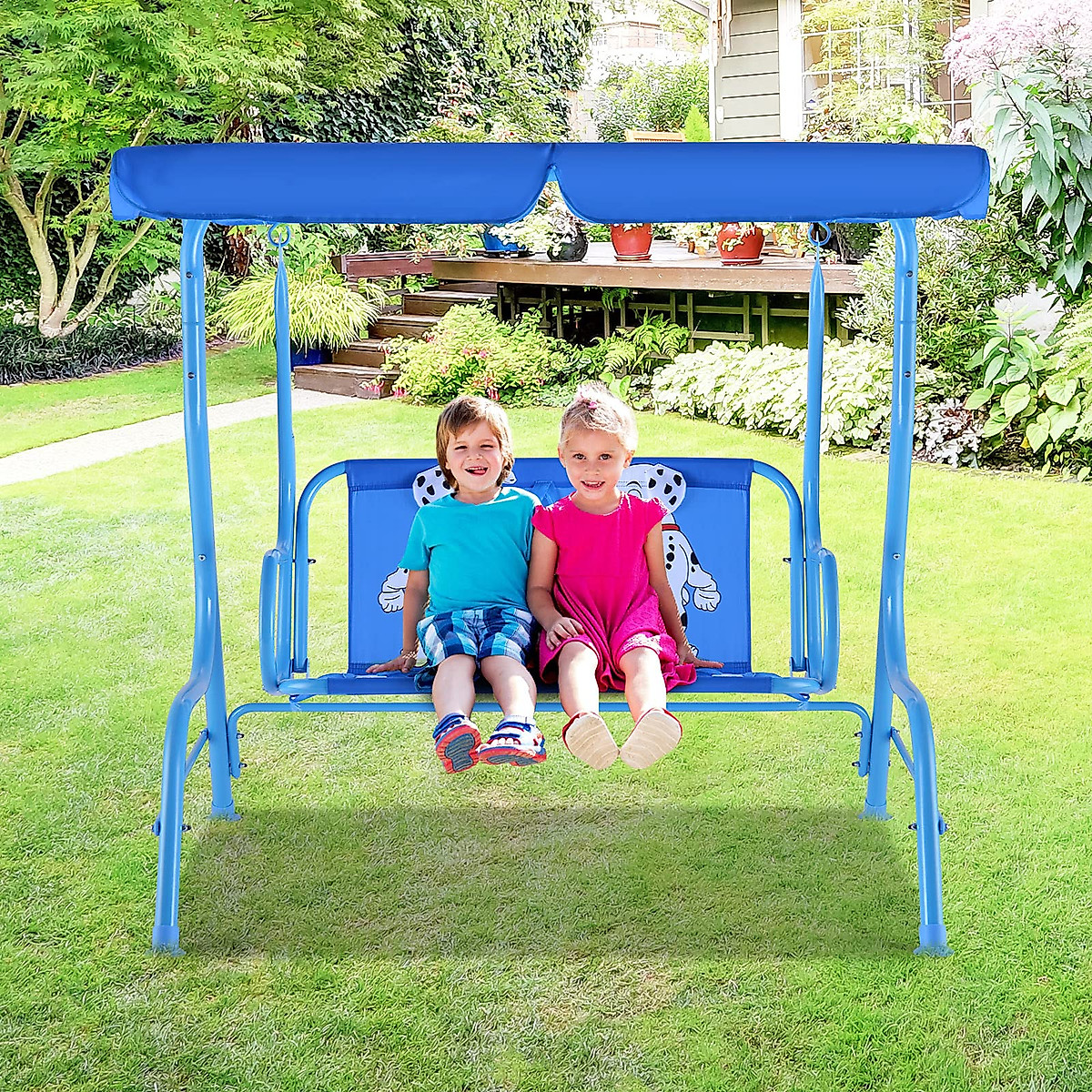 HONEY JOY Kids Patio Swing, 2-Seater Outdoor Porch Swing Lounge Chair W/Canopy & Safety Belt, All Weather Resistant Waterproof Hanging Swing Bench for Patio Garden Poolside Balcony(Blue Puppy)
