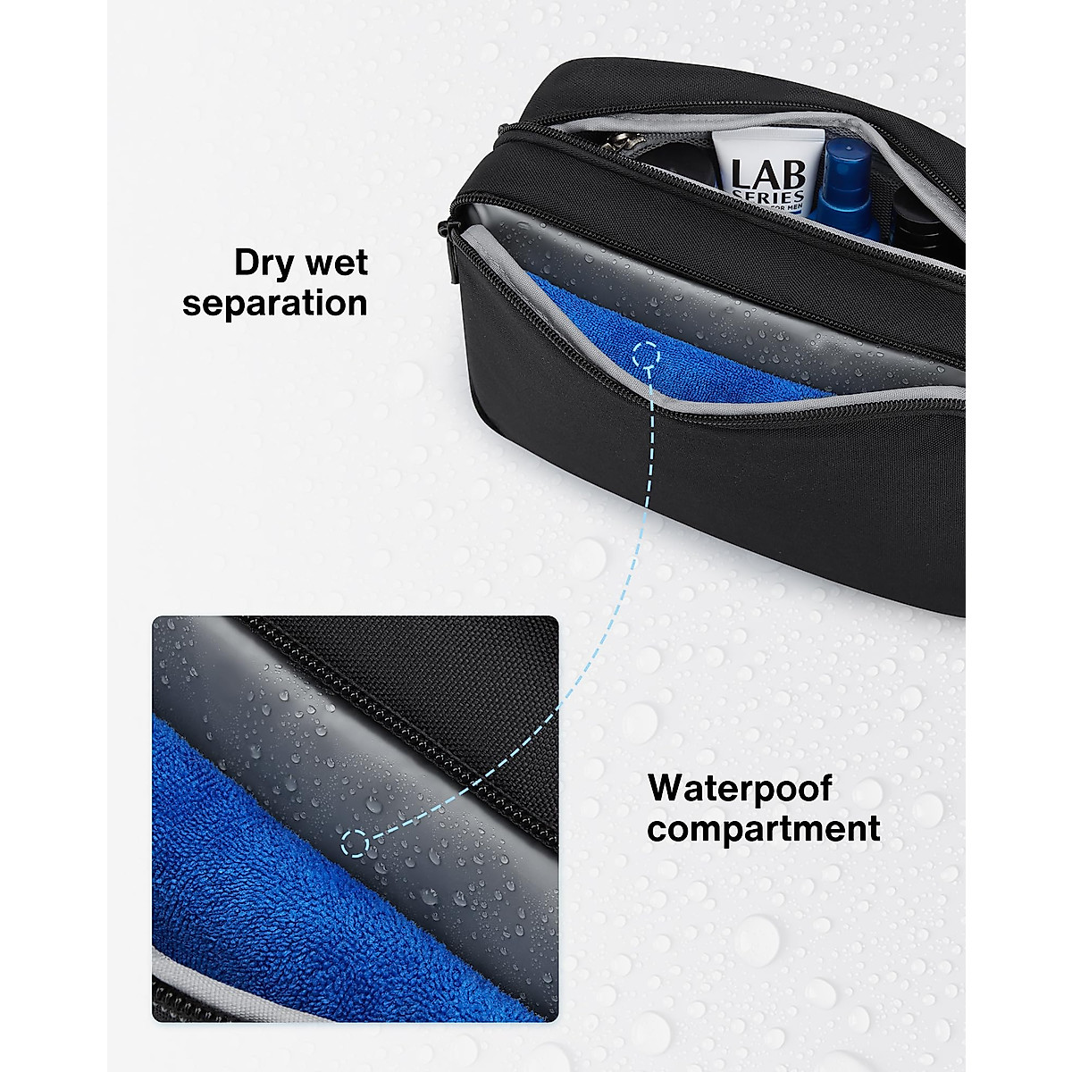 BAGSMART Travel Toiletry Bag, Toiletry Bag for Women and Men with Hanging Hook, Water-resistan Dopp Kit Door Room Essentials Makeup Cosmetic Bag, Shaving Bag Organizer for Traveling, Camping Black