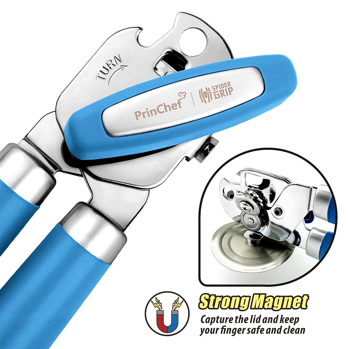 SPIDER GRIP Can Opener, No-Trouble-Lid-Lift Manual Handheld Can Opener with Magnet, Blue & Grey