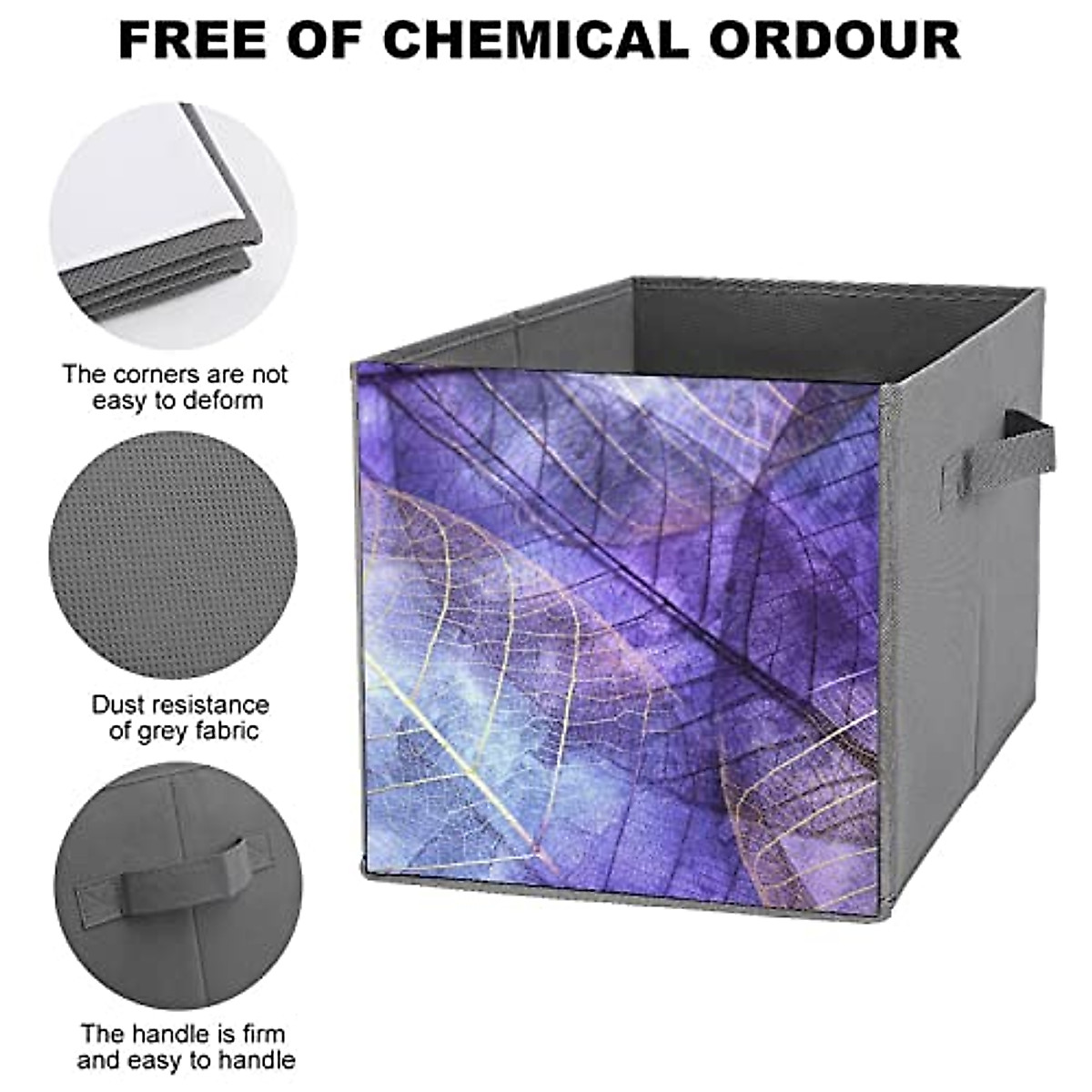 Purple Leaves Foldable Storage Bins Printd Fabric Cube Baskets Boxes with Handles for Clothes Toys, 11x11x11