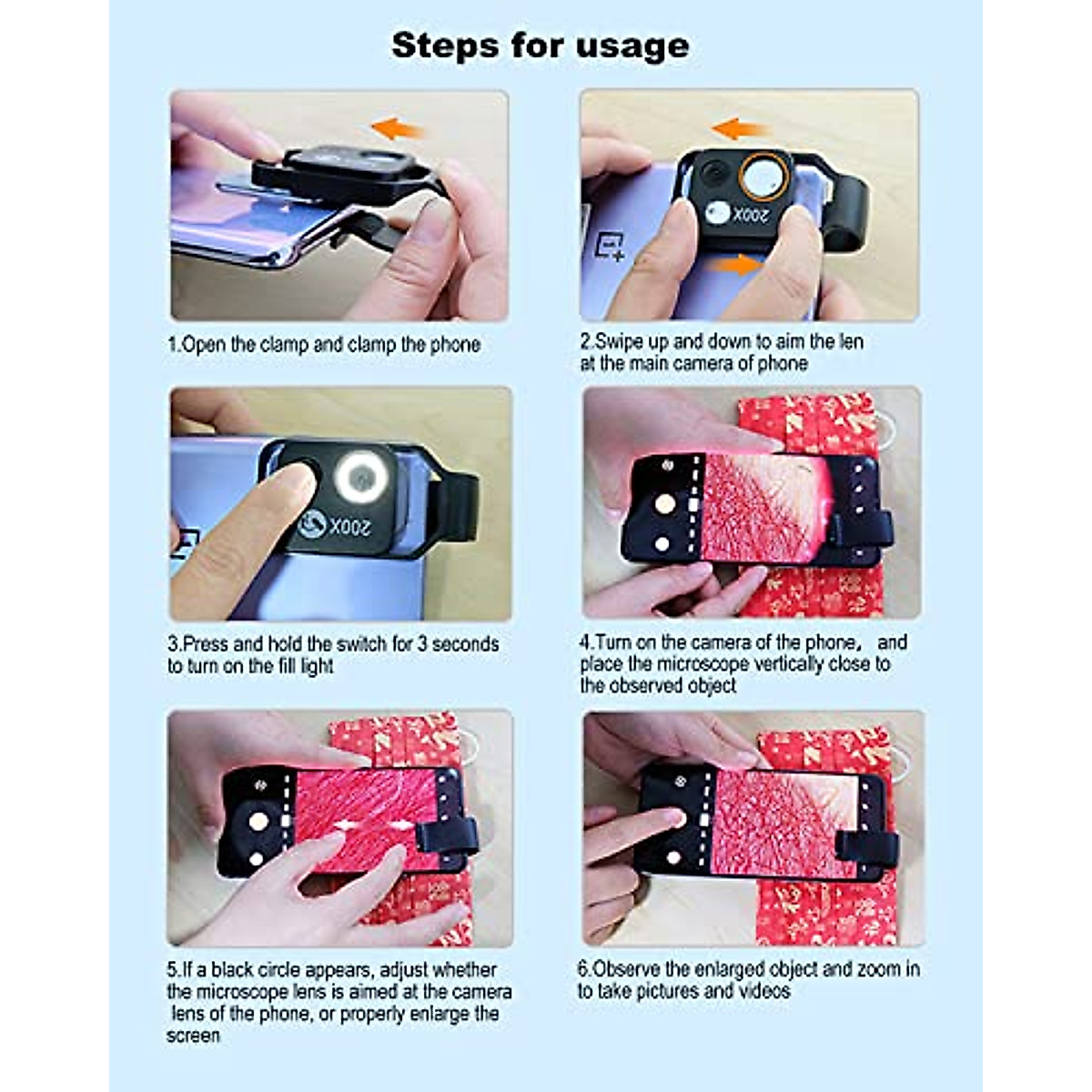 DDCHEN 200X Phone Microscope with LED Light, Microscope with Universal Phone Clip Compatible with iPhone/Andriod Phone,The Best Portable Microscope to Enjoy Microworld for Kids and Adults. (Black)