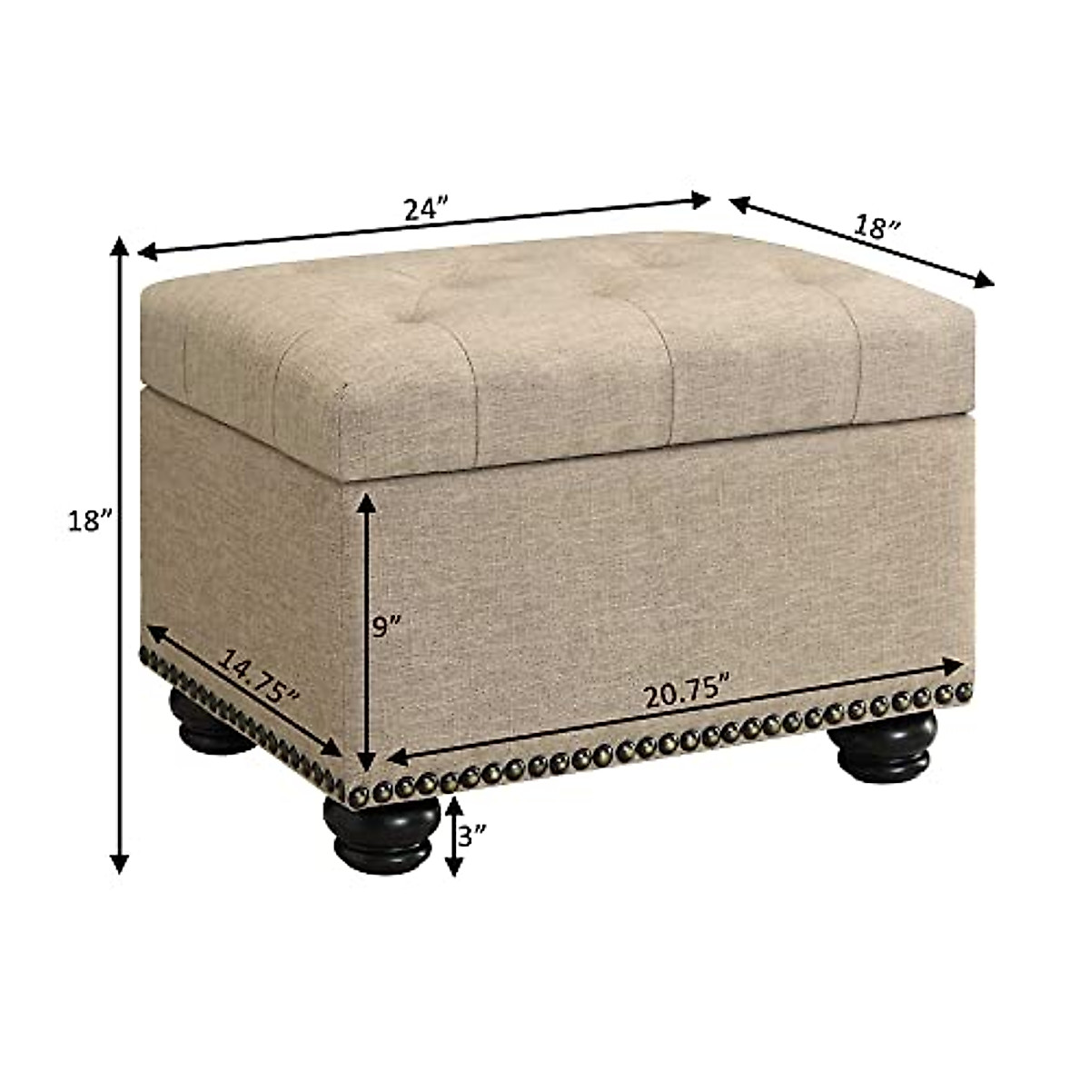 Convenience Concepts Designs4Comfort 5th Avenue Storage Ottoman 24" - Contemporary Foot Stool and Seat with Hinged Lid for Living Room, Dining Room, Office, Tan