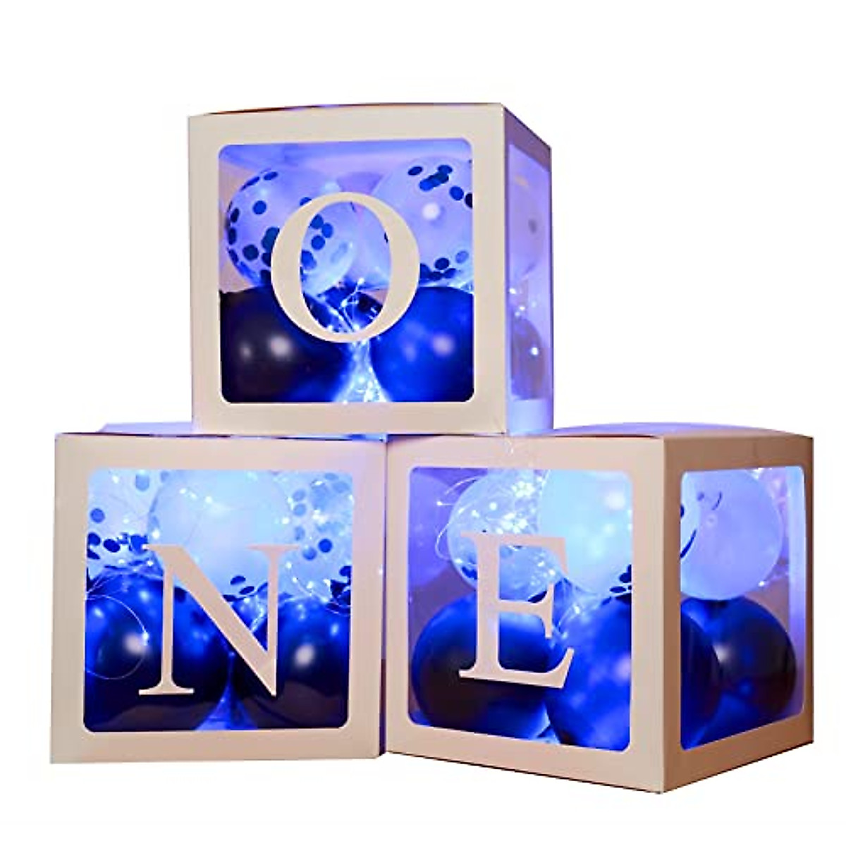 FIGEPO First Birthday Balloons Boxes with 3 LED String Lights and 12 Blue Balloons 12 Confetti Balloons ONE Transparent White Blocks for Baby Boy 1st Birthday Decorations baby shower Photo Shoot Prop