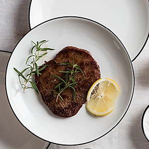 Dicunoy 6 Pack Pasta Plates, 8" Porcelain Salad Bowls, Shallow White Dinner Soup Serving Plate, Spaghetti Dishes with Black Rim for Cereal, Dessert, Snack, Microwave & Dishwasher Safe