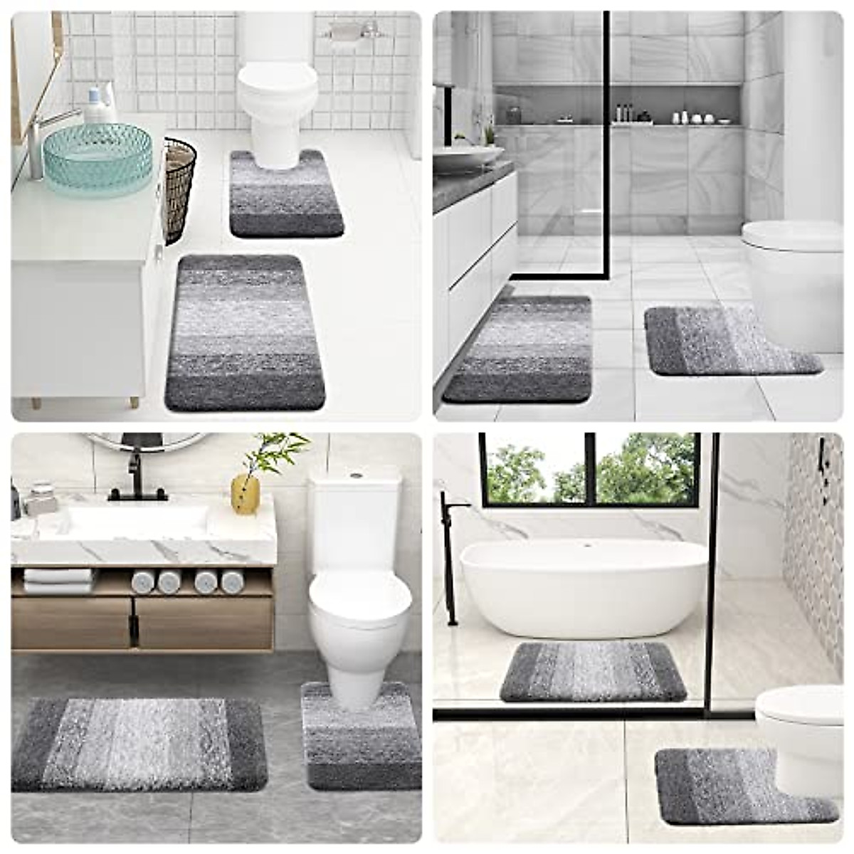 OLANLY Ombre Bath Rug and Toilet Rugs U-Shaped, Bath Rug Size 16x24 and Toilet Rugs Size 20x24 in Grey, 2 Item Bundle