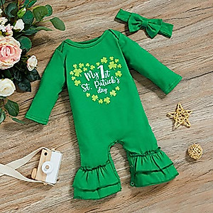 My 1st St. Patricks Day Romper Baby Girl Ruffle Jumpsuit Shamrock Print Long Sleeve Coming Home Outfits+Headband (Green, 1-3 Months)