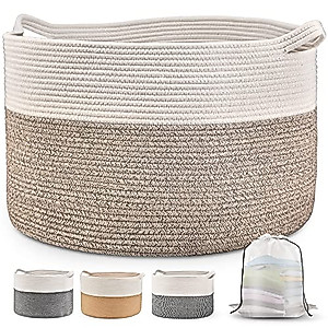 AOSION Large Cotton Rope Basket 22" x 22"x14" Extra Large Storage Baskets, Woven Laundry Basket for Blankets, Nursery Toy Basket with Handles, Blanket Basket for Living Room (Brown)
