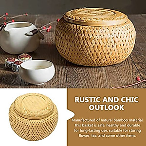 Hemoton Woven Tea Basket Food Serving Baskets with Lid Woven Wicker Basket Round Woven Wicker Basket Log Color