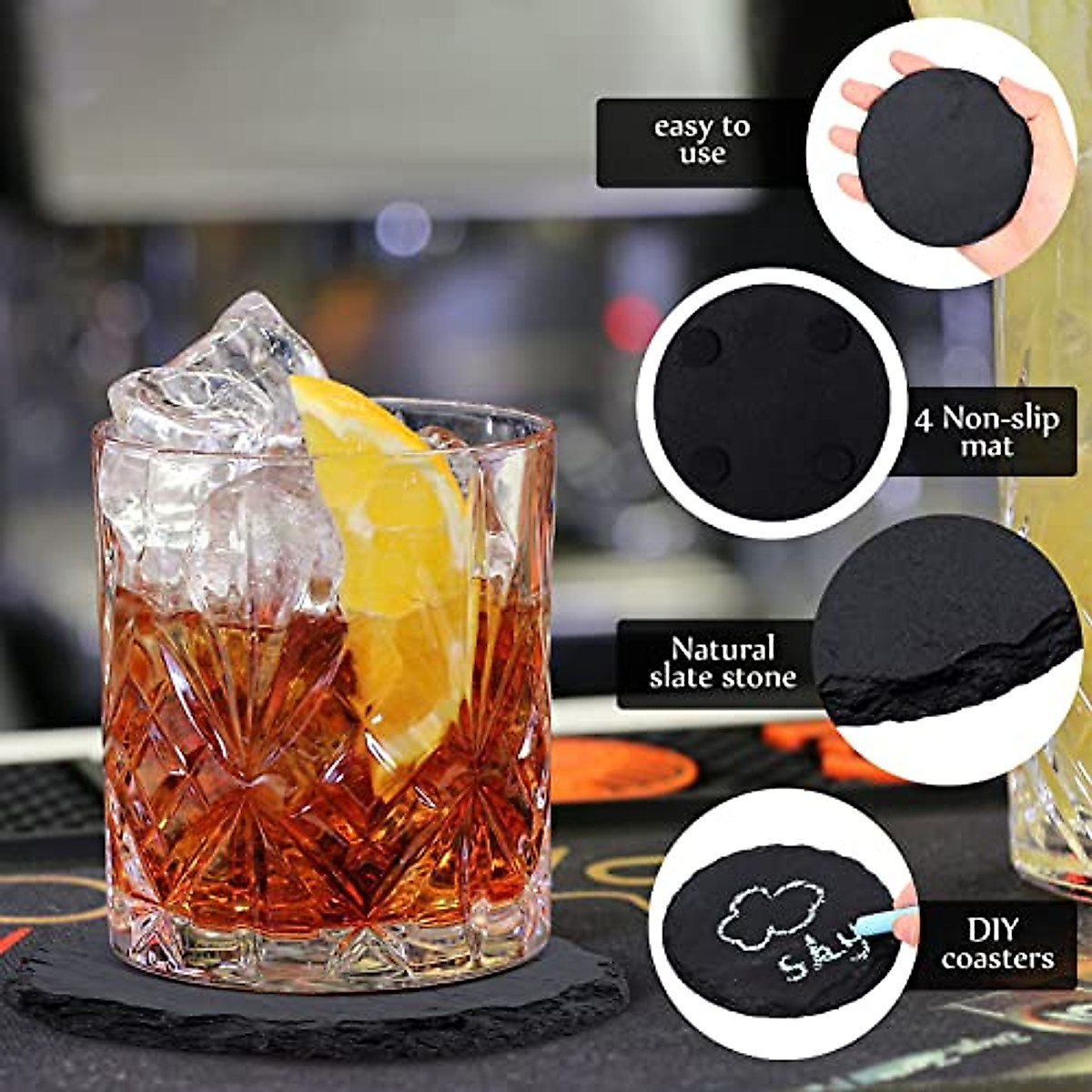 24 Pieces Black Slate Coasters with Holder Round Stone Coasters for Drinks 4 Inch Rustic Handmade Bar Coasters Set with Anti Scratch Bottom for Coffee Table Kitchen Home