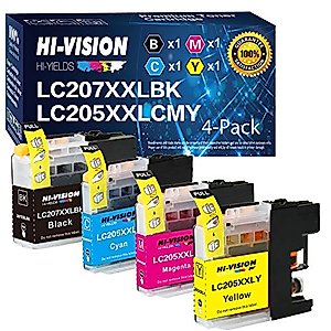 HI-Vision Compatible LC205 LC207 XXL Super High Yield Black,Cyan,Yellow,Magenta Ink cartridges Replacement for MFCJ4320DW,J4420DW,J4620DW Color Printer LC207BK,LC205C,LC205Y,LC205M 4pks