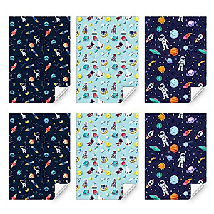 Birthday Wrapping Paper 6 Sheets Gift Wrap 20 x 30 inches per sheet (Folded Flat 6 sheets in 3 Designs: 26 sq. ft. ttl.), Astronaut Solar System Planets Rocket Alien Galaxy Pattern- for Space Lover Boys Kids Baby Shower Kindergarten Party