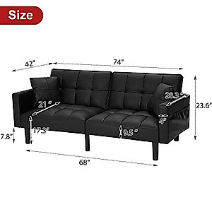 HOMHUM Convertible Leather Folding Couch Futon Sofa Bed Adjustable Back w/Armrest for Living Room, Black