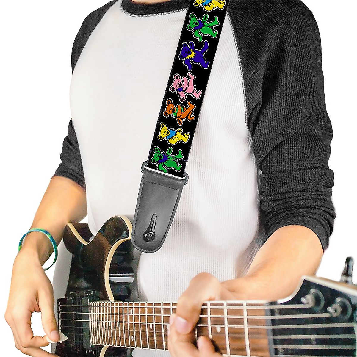 Grateful Dead Guitar Strap, Dancing Bears Black Multi Color, 2 Inches Wide
