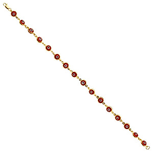 14k REAL Yellow Gold Red Evil Eye Bracelet - 7.25"