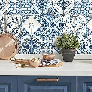 RoomMates RMK11083WP Blue Mediterranian Tile Peel and Stick Wallpaper 20.5" x 16.5 feet