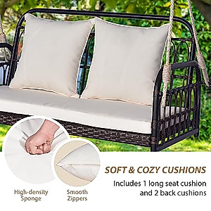 Tangkula Outdoor Wicker Porch Swing, 2-Person Hanging Seat with Seat & Back Cushions, Heavy-Duty Metal Frame & 2 Sturdy Hanging Ropes, Wicker Woven Swing Loveseat for Front Porch, Backyard (Off White)