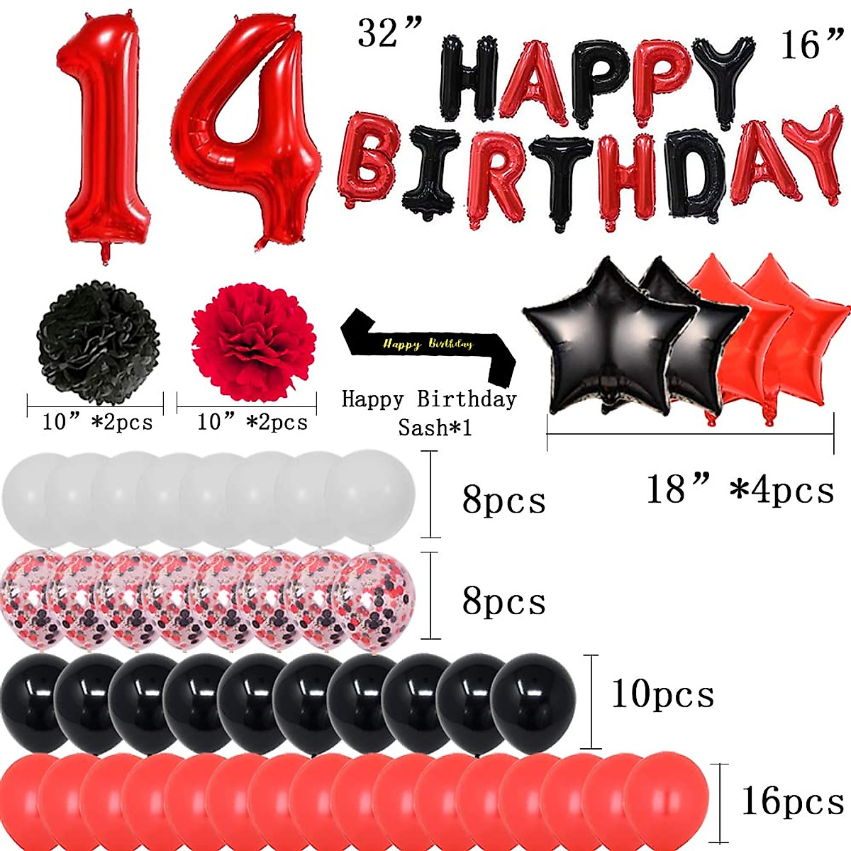 yujiaonly 14th Birthday Party Decorations-Happy Birthday Foil Ballons Banner Red Number 14 Happy birthday Sash Latex Balloons Perfect for 14 Years Old Party Supplies Balloons Number 14 Red