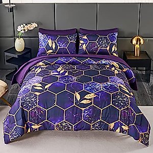 ANGIYUIN 7Pcs Bed-in-A-Bag Purple Gold Marble King Comforter Set with Sheets, 3D Geometric Hexagon Theme Decor Yellow Leaf Bedding Set, Modern Foil Print Duvet Insert for All Season (Purple King)