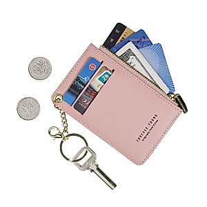 Small Wallets for Women Slim Leather Card Case Holder Wallet Coin Change Purse with Keychain (Light pink)