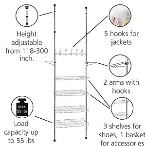 WENKO Appolon Telescopic Rack System Rail, Adjustable, Heavy Duty, for Hanging Clothes, Storage, Organizer, with Shelves, 24 x 70.9-118.1 x 11 in
