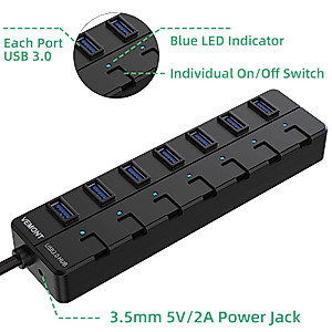 VEMONT USB hub,Computer Peripheral Equipment 7-Port USB 3.0 hub with 5V2A Power Adapter and Individual On/Off Switches,USB Charging hub 4ft/1.2m Long Cable