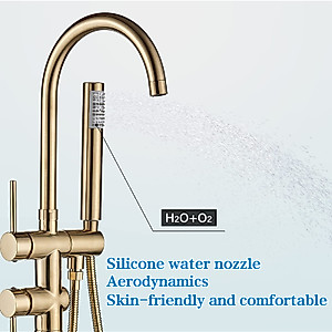 YAGATAP Freestanding Bathtub Faucet Floor Mount Tub Filler Brushed Gold High Flow Shower Faucets with Handheld Shower Mixer Taps Swivel Spout