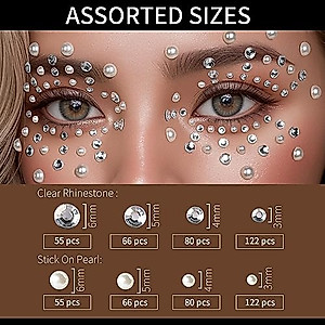 Teenitor Face Gems Self Adhesive Face Rhinestone Makeup Festival Face Jewels Stick On Pearls Hair Gems Concert Makeup Gems for Face, Hair, Body, Eye