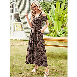 Arolina Cold Shoulder Maxi Dress for Women Summer V Neck Short Sleeve Casual Long Beach Dresses with Pocket