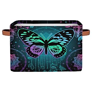 Aesthetic Butterfly Rectangular Nursery Closets Storage Baskets with Handles, Girls Mandala Canvas Collapsible Organizer Bin Bag for Home Office Bedrooms Dorm