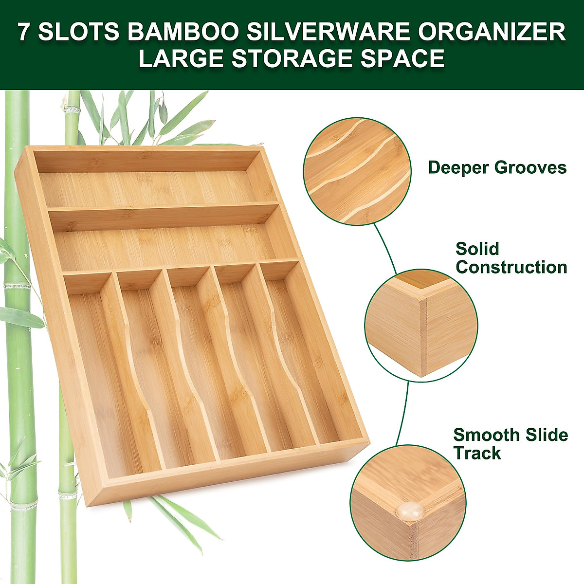 Bellsal Natural Utensil Organizer 12.5 Inch Silverware Organizer for Drawer Utensil Holder Cutlery Organizer Kitchen Drawer Organizer 7 Compartment Small Narrow Bamboo