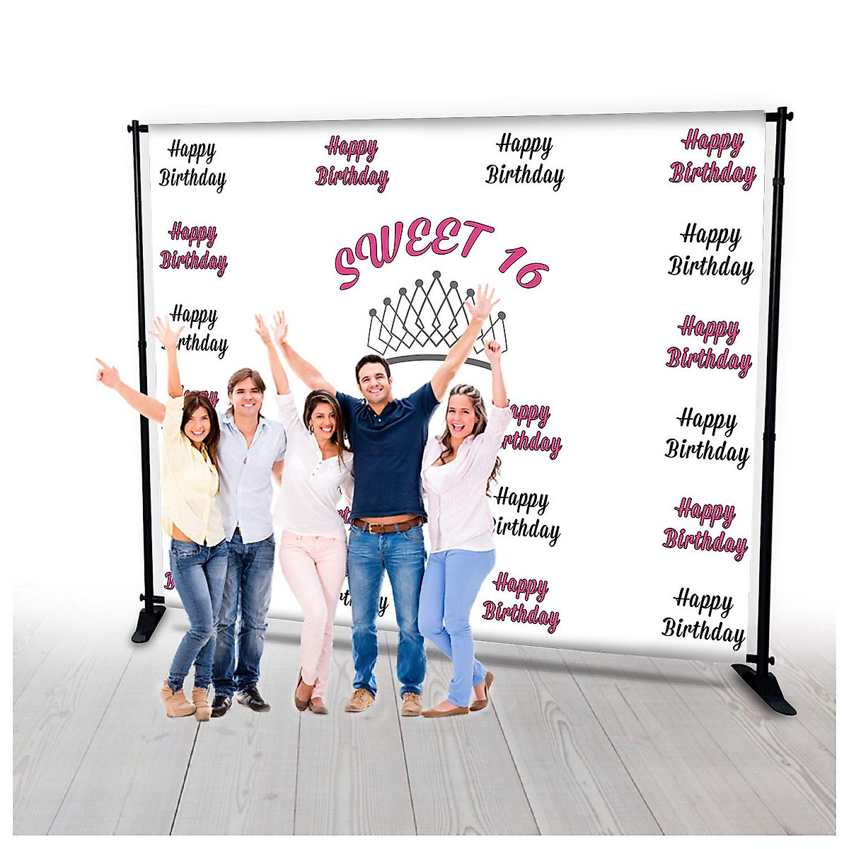 BannerBuzz Happy Birthday Sweet 16 White & Pink Theme Custom Step and Repeat Banner, Graphic, 11 oz. PVC Flex, 720 DPI Eco-Solvent Printing, for Events and Parties, Photography Background (8'W x 10'H)