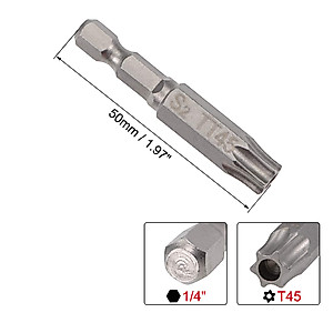 uxcell 2 Pcs T45 Magnetic Torx Screwdriver Bits, 1/4 Inch Hex Shank 2-inch Length S2 Security Tamper Proof Screw Driver Kit Tools
