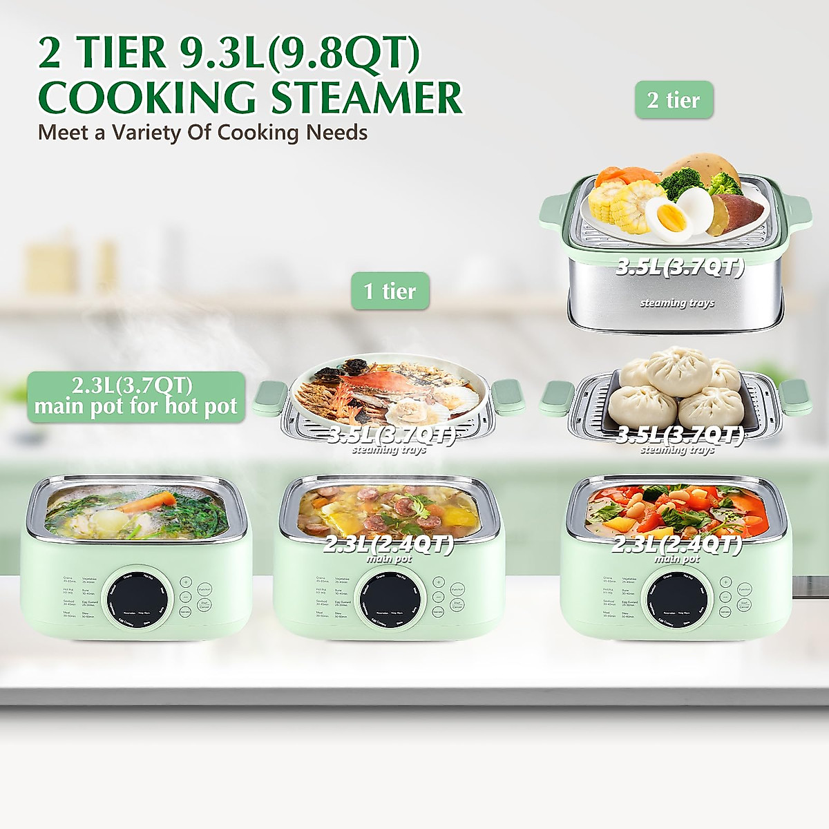 spoonlemon Electric Food Steamer, 9.3L 2-Tier Digital Steamers for Cooking with 24H Booking & 6H Auto Warming, 8 Modes Fast Heating Vegetable Steamers Stainless Steel with Boil Dry Protection, Green
