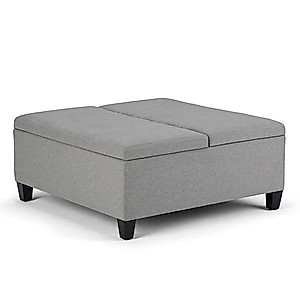 SIMPLIHOME Ellis 36 inch Wide Contemporary Square Coffee Table Storage Ottoman in Dove Grey Linen Look Fabric, Assembled, For the Living Room and Bedroom