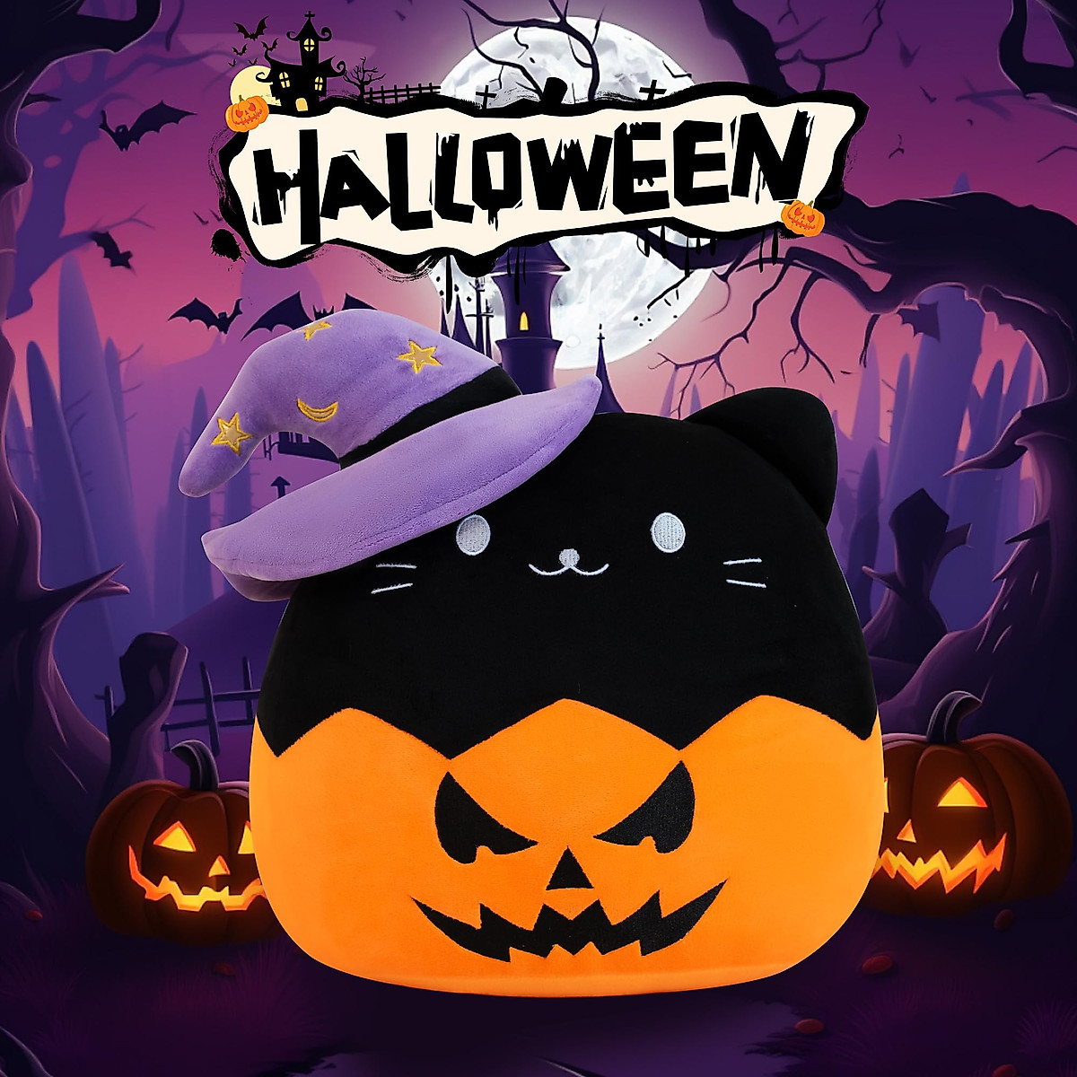 Gudisi Halloween Black Cat Plush Pumpkin Pillow Halloween Decoration and Gift for Kids, Girls & Boys