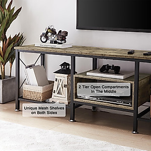 VECELO Industrial TV Stand for 75 Inch Television Cabinet 3-Tier Console with Open Storage Shelves, Entertainment Center Metal Frame for Living Room, Bedroom, 70 Inch, Grey