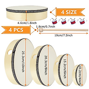DAJAVE 4 Pack Hand Drums with Drum Stick 4Inch 6 Inch 8 Inch 10 Inch, Percussion Wood Frame Drum with 4 Sticks, Musical Instruments for Drums Beginners for Home School Party Supplies