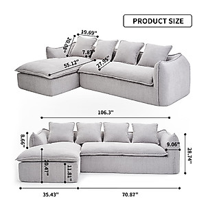L Shape Modular Sofa Couch, Deep Seat Cloud Couch, No Assembly Required Sofa Set, Crocheting Chenille Fabric, 3-Seater Comfy Cloud Couches for Living Room Apartment Office-Grey
