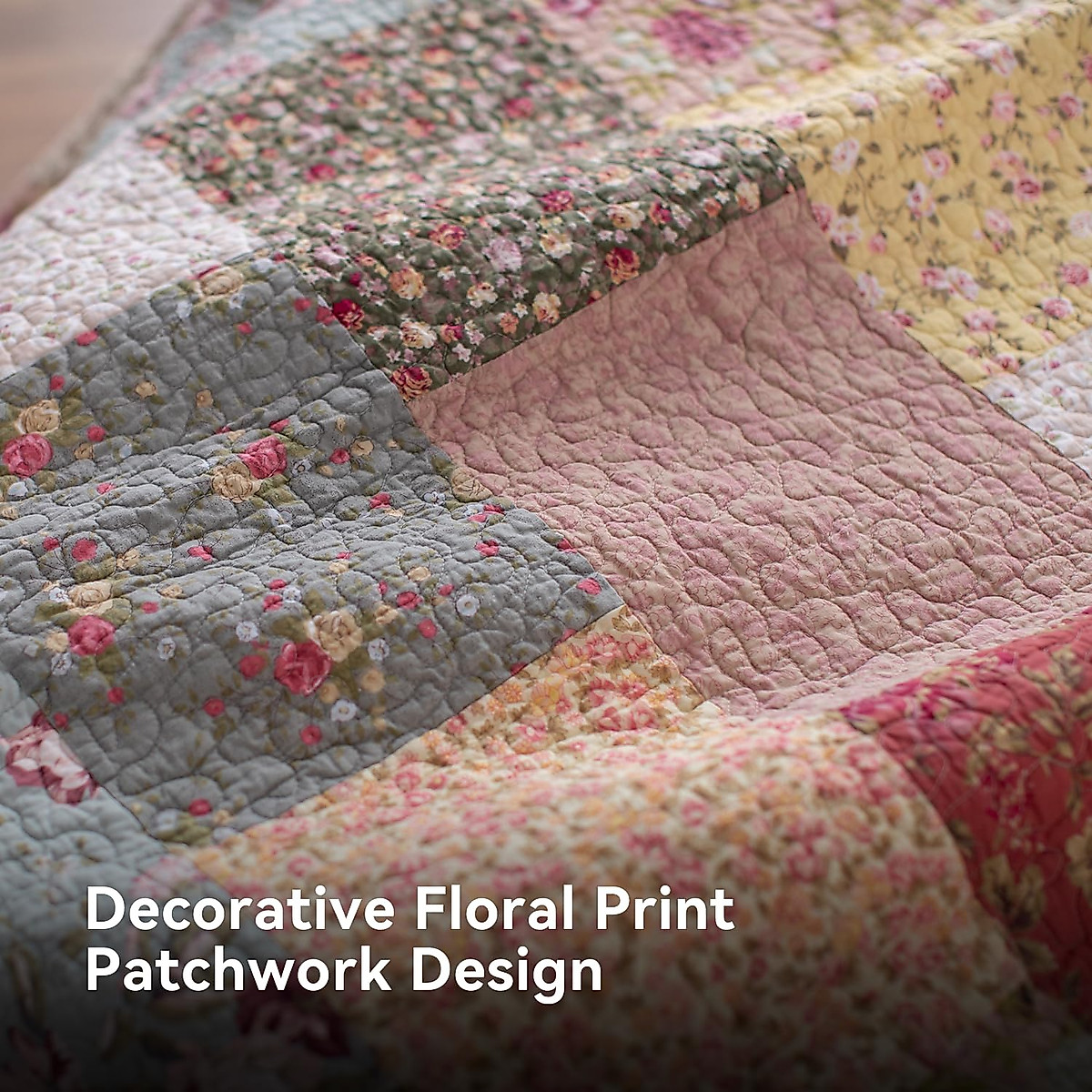 KASENTEX Authentic 100% Cotton Easy Clean – Luxury Boho Quilt with Decorative Floral Print Patchwork Design Oversized Bedspread, Soft Bedding, Full/Queen 90x96”, Boho-Royal Garden