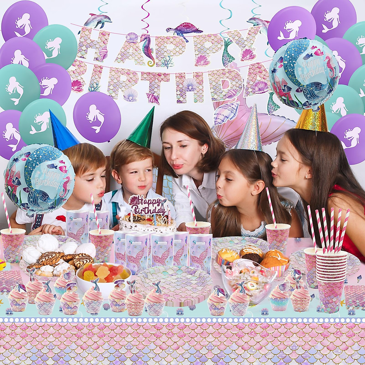 192pcs Mermaid Birthday Party Decorations, Happy Birthday Little Mermaid Theme Party Supplies Including Balloons Banner Tablecloth Plates Cups Napkins Cake Topper Gift Bag for Girls Kids Serve 20