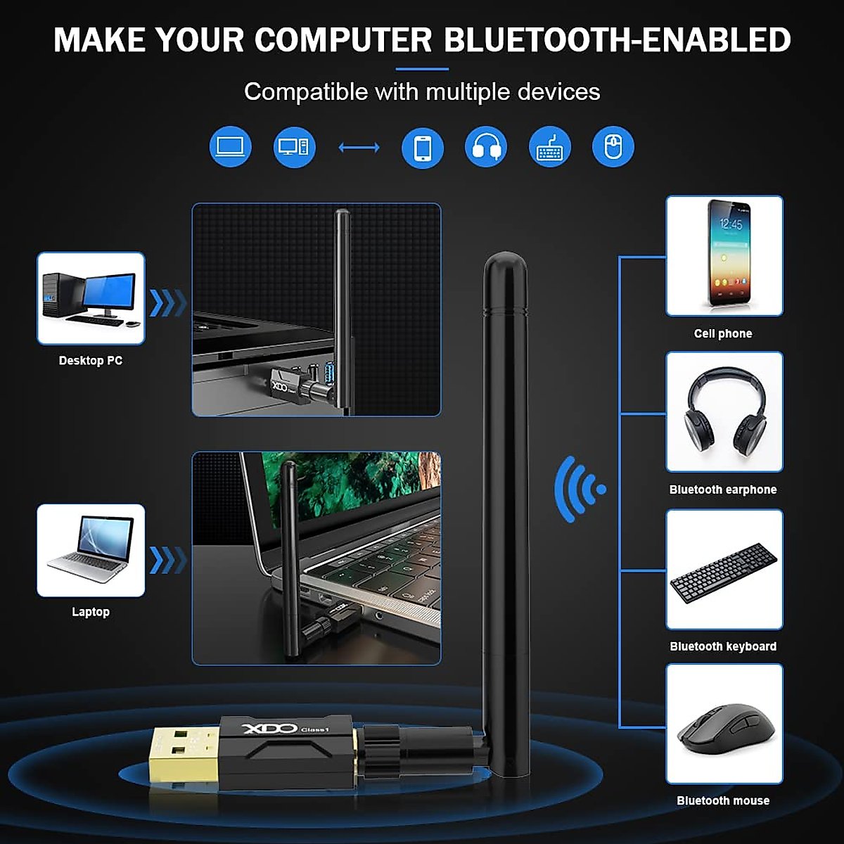 Long Range Bluetooth Adapter for PC, XDO Class 1 USB Adapter 5.1+EDR, 328FT/100M Wireless Transfer Transmitter Receiver for Bluetooth Mouse Keyboard Speakers Headphones Support Win11/10/8/7